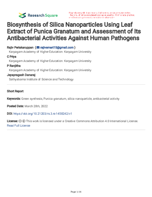 (PDF) Biosynthesis of Silica Nanoparticles Using Leaf Extract of Punica Granatum and Assessment ...