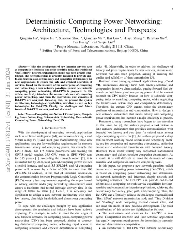 (PDF) Deterministic Computing Power Networking: Architecture, Technologies and Prospects