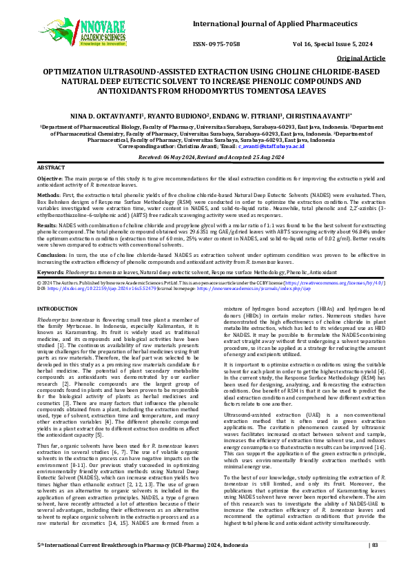 (PDF) OPTIMIZATION ULTRASOUND-ASSISTED EXTRACTION USING CHOLINE CHLORIDE-BASED NATURAL DEEP ...