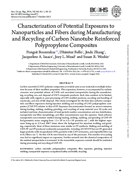 (PDF) Characterization of Potential Exposures to Nanoparticles and Fibers during Manufacturing ...