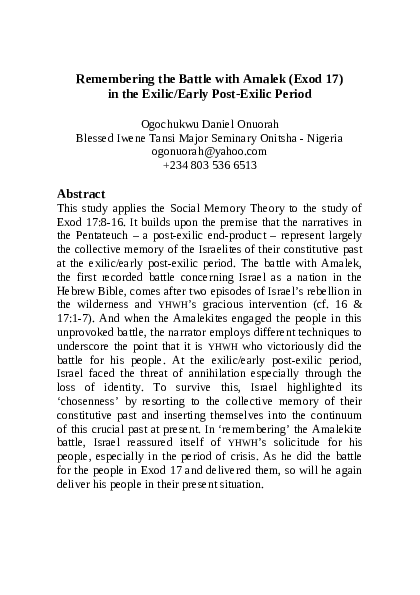 (PDF) Remembering the Battle with Amalek (Exod 17) in the Exilic/Early ...