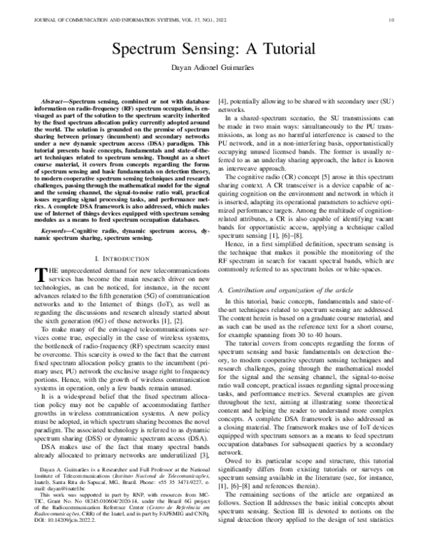 (PDF) Spectrum Sensing: A Tutorial