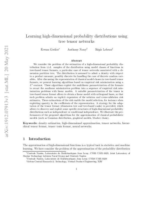 (PDF) Learning high-dimensional probability distributions using tree tensor networks