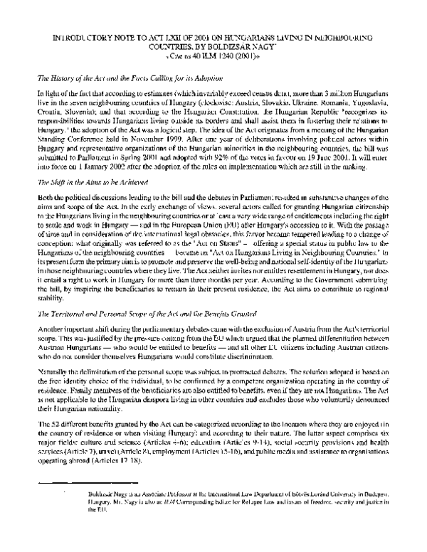 (PDF) Act LXII of 2001 on Hungarians Living in Neighbouring Countries
