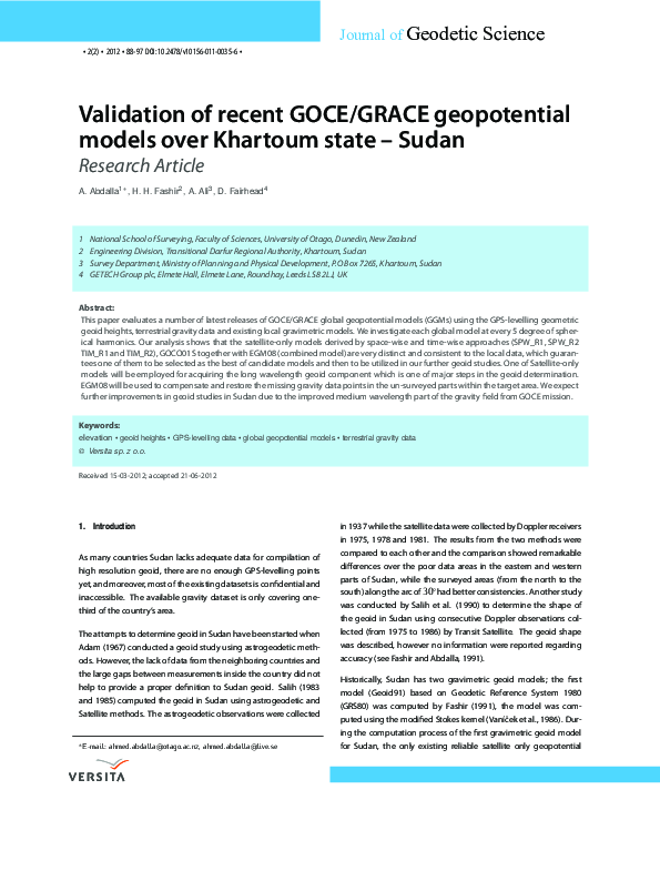 (PDF) Validation of recent GOCE/GRACE geopotential models over Khartoum state - Sudan