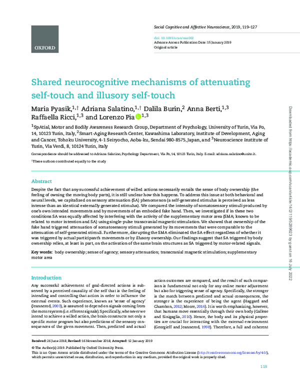 (PDF) Shared neurocognitive mechanisms of attenuating self-touch and illusory self-touch ...