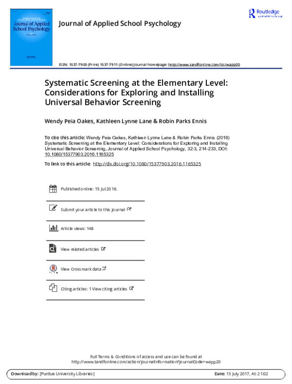 (PDF) Systematic Screening at the Elementary Level: Considerations for ...
