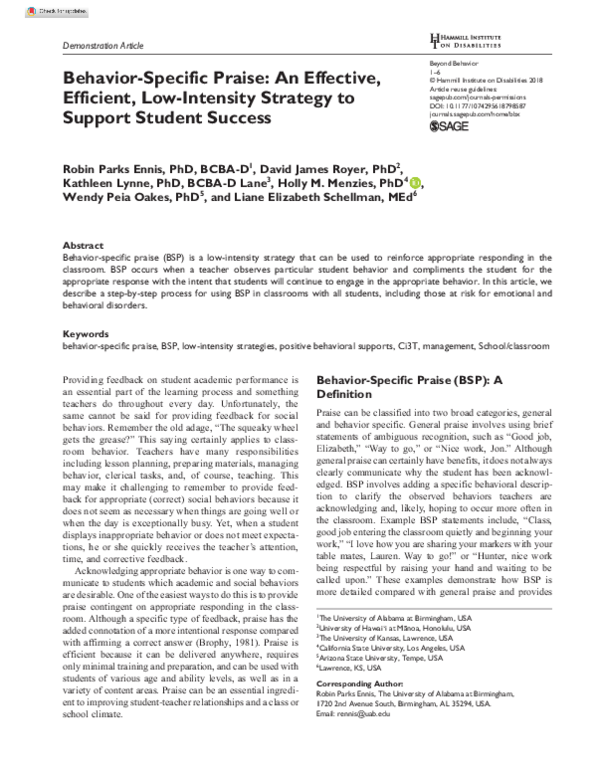 (PDF) Behavior-Specific Praise: An Effective, Efficient, Low-Intensity ...