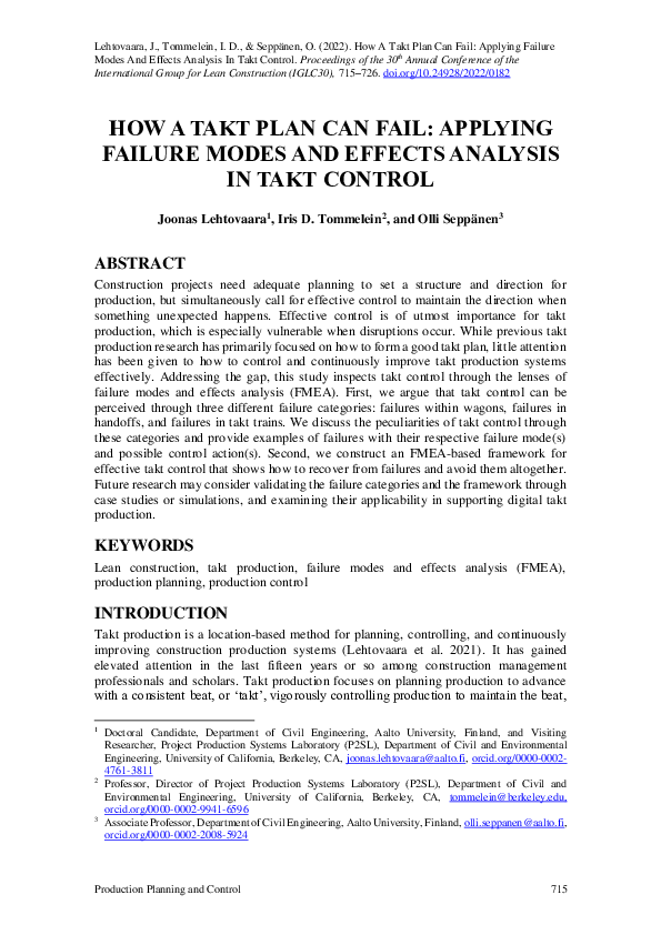(PDF) How a Takt Plan Can Fail: Applying Failure Modes and Effects ...