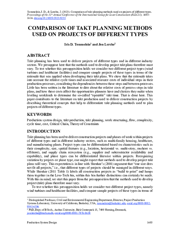 (PDF) Comparison of Takt Planning Methods Used on Projects of Different ...