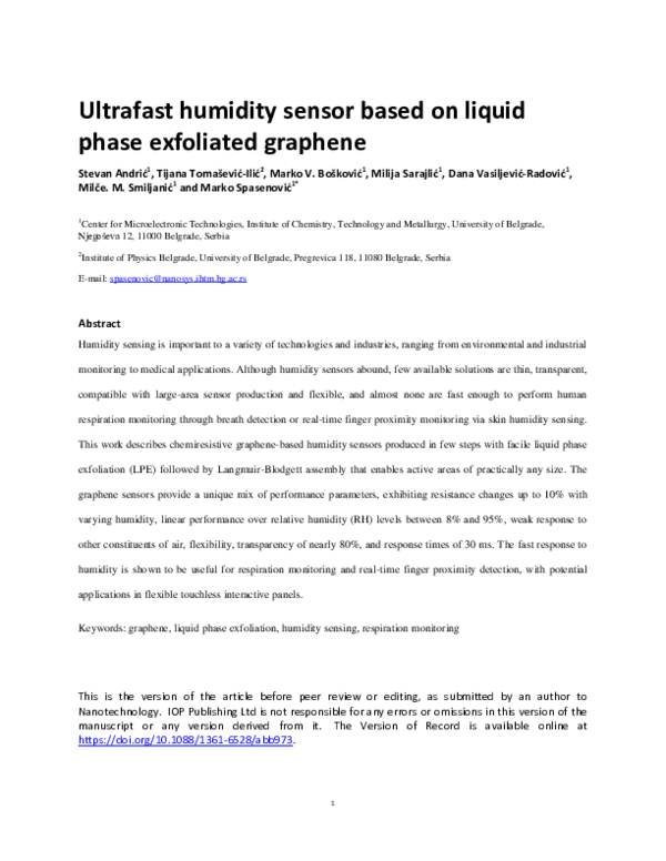 (PDF) Ultrafast humidity sensor based on liquid phase exfoliated graphene
