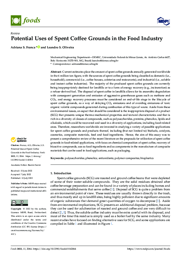 (PDF) Potential Uses of Spent Coffee Grounds in the Food Industry