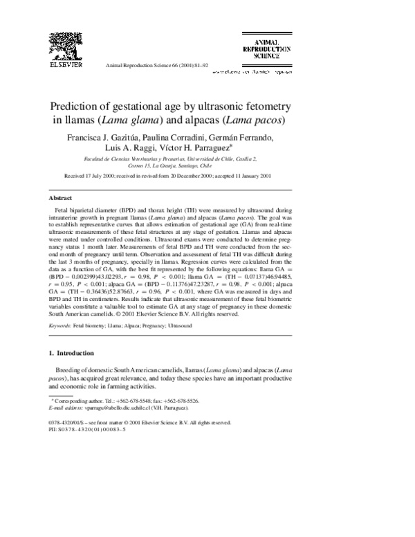 (PDF) Prediction of gestational age by ultrasonic fetometry in llamas ...