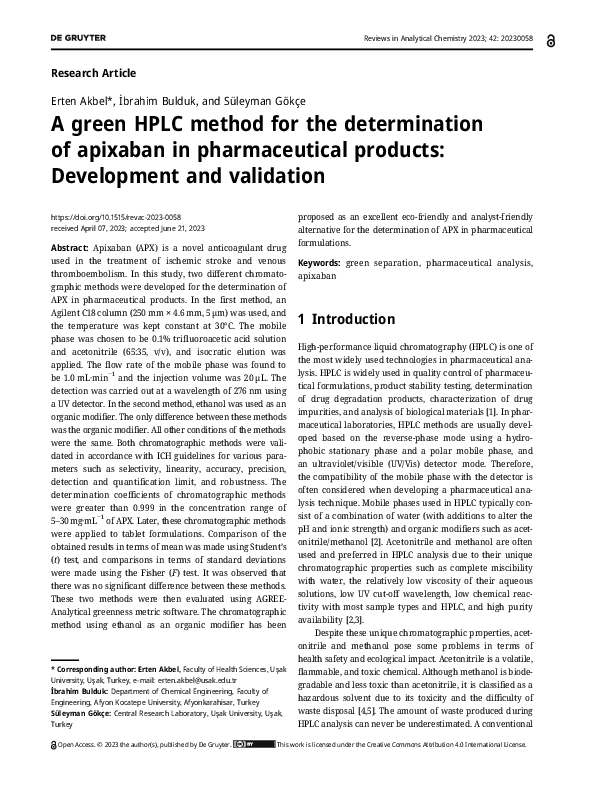 (PDF) A green HPLC method for the determination of apixaban in pharmaceutical products ...
