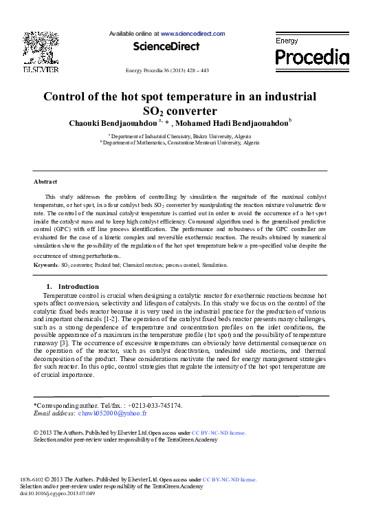 (PDF) Control of the Hot Spot Temperature in an Industrial SO2 Converter