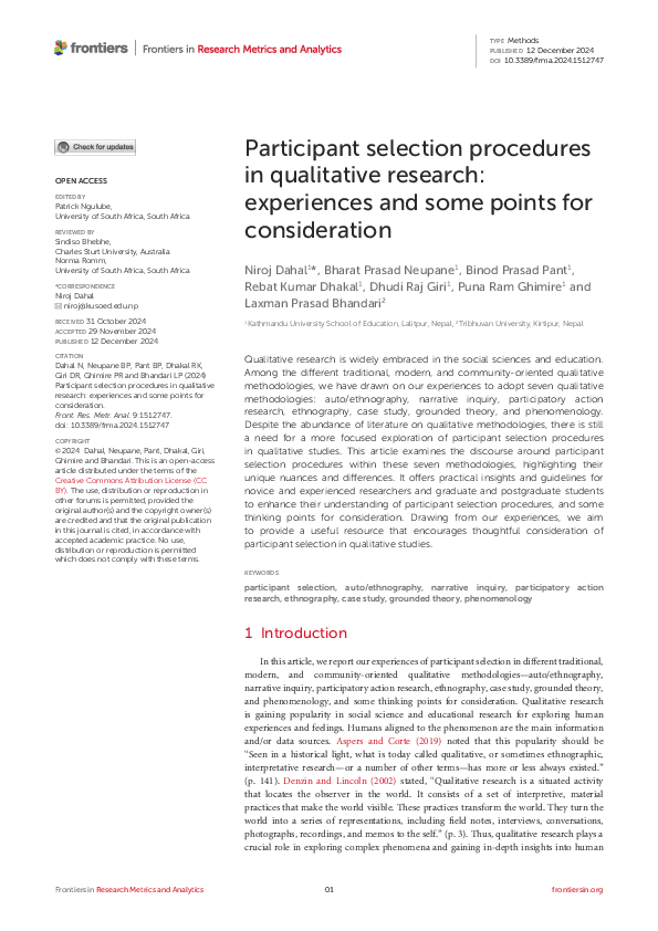 (PDF) Participant selection procedures in qualitative research: Experiences and some points for ...