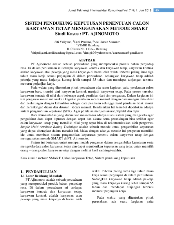 (PDF) Sistem Pendukung Keputusan Penentuan Calon Karyawan Tetap Menggunakan Metode Smart | Siti ...
