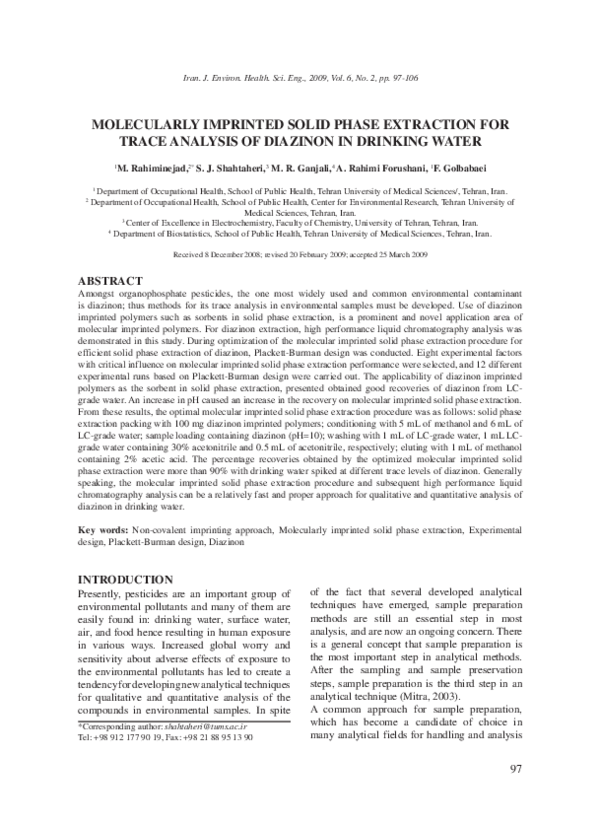 (PDF) Molecularly imprinted solid phase extraction for trace analysis of diazinon in drinking ...