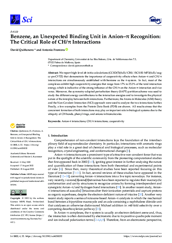(PDF) Benzene, an Unexpected Binding Unit in Anion–π Recognition: The Critical Role of CH/π ...