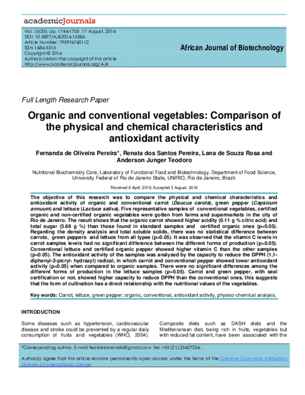 (PDF) Organic and conventional vegetables: Comparison of the physical ...