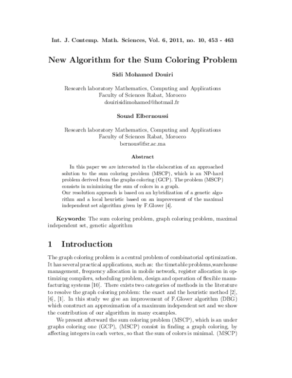(PDF) A hybrid algorithm for the sum coloring problem