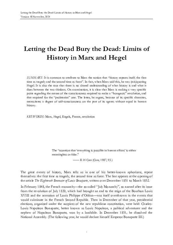 (PDF) Letting the Dead Bury the Dead: Limits of History in Marx and Hegel