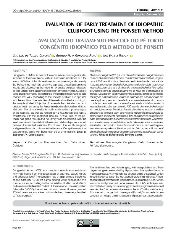 (PDF) Evaluation of Early Treatment of Idiopathic Clubfoot Using the ...