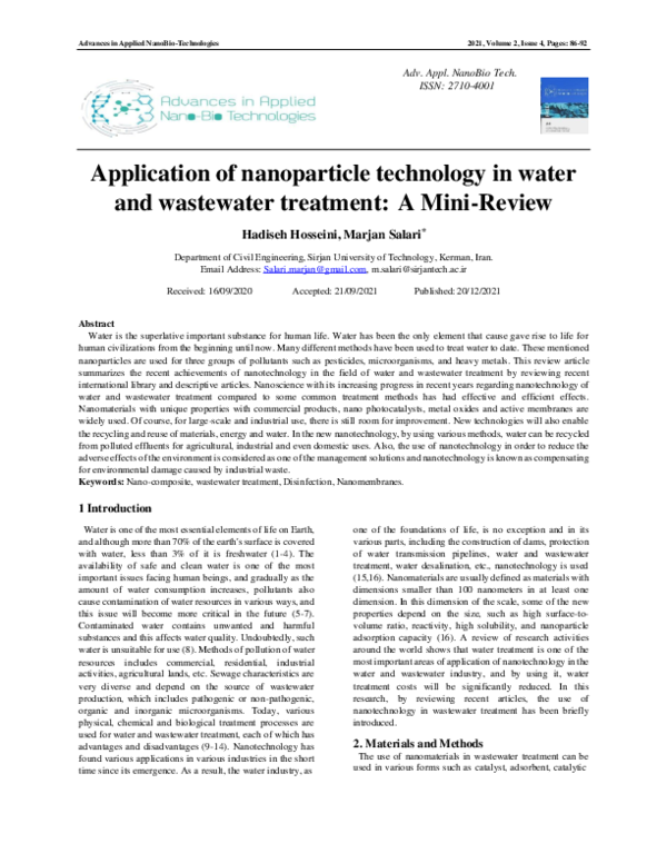 (PDF) Application of nanoparticle technology in water and wastewater treatment: A Mini-Review