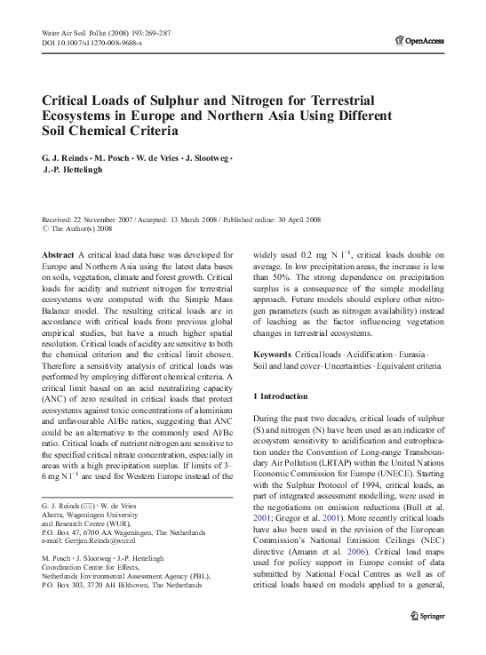 (PDF) Critical Loads of Sulphur and Nitrogen for Terrestrial Ecosystems in Europe and Northern ...