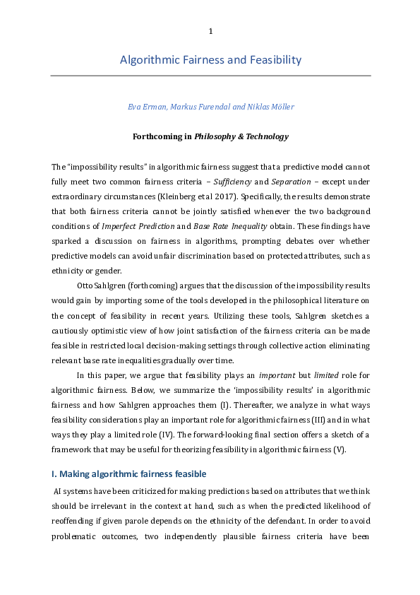 (PDF) Algorithmic Fairness and Feasibility