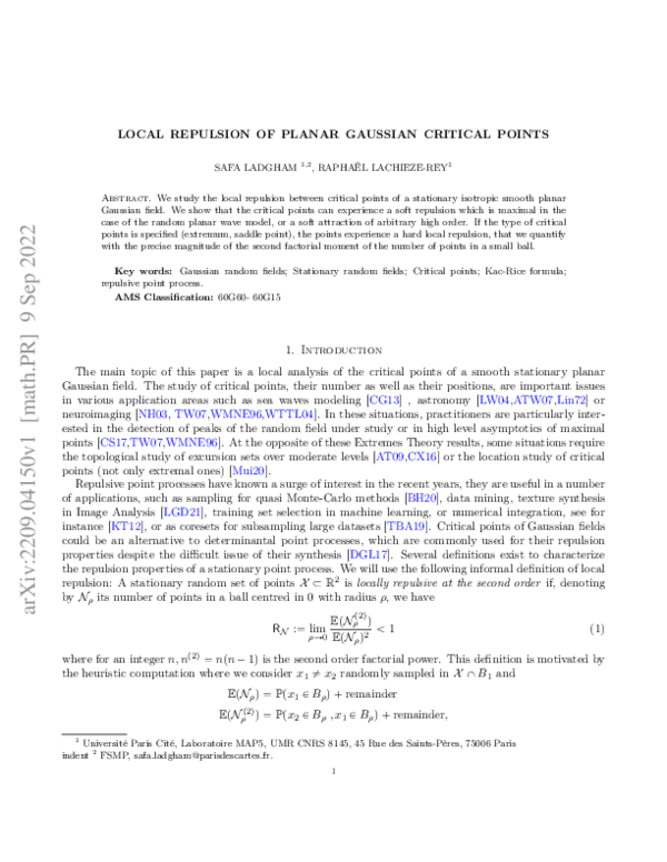 (PDF) Local repulsion of planar Gaussian critical points