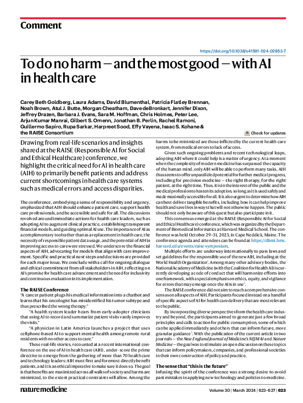 (PDF) To do no harm -and the most good -with AI in health care