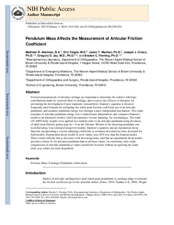 (PDF) Pendulum mass affects the measurement of articular friction ...