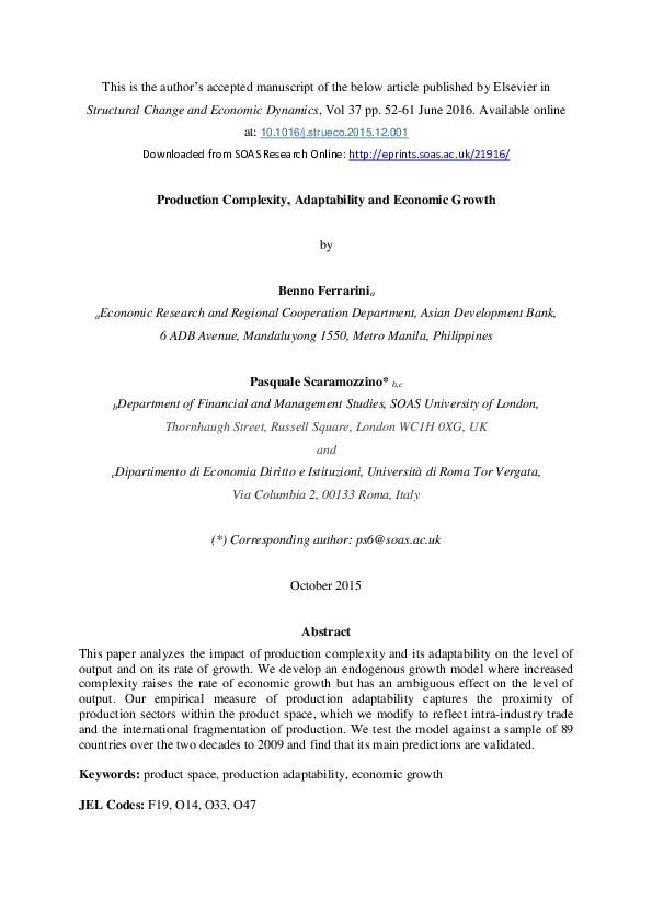 (PDF) Production complexity, adaptability and economic growth