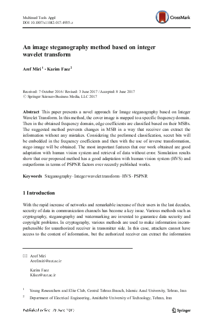 Pdf An Image Steganography Method Based On Integer Wavelet Transform