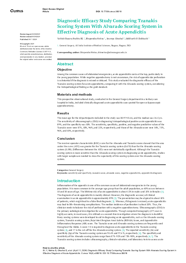 (PDF) Diagnostic Efficacy Study Comparing Tzanakis Scoring System With ...