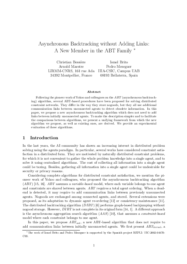 (PDF) Asynchronous backtracking without adding links: a new member in the ABT family