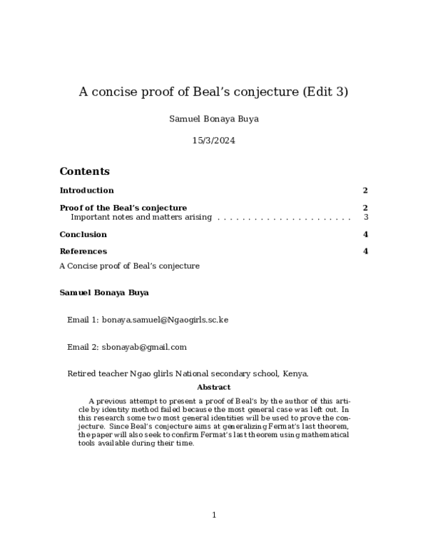 (PDF) A concise proof of Beal's conjecture (Edit 3