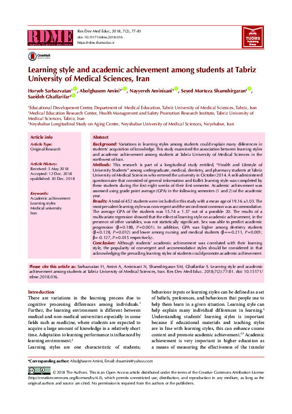 (PDF) Learning Style and Academic Achievement among Students at Tabriz University of Medical ...