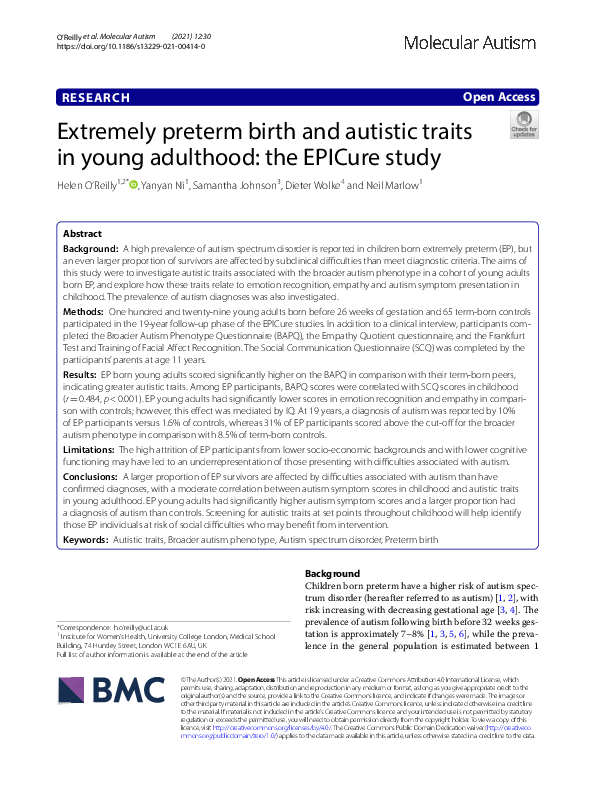 (PDF) Extremely preterm birth and autistic traits in young adulthood ...