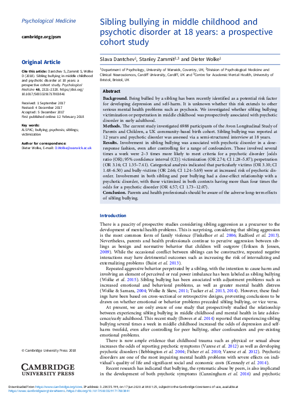 (PDF) Sibling bullying in middle childhood and psychotic disorder at 18 ...
