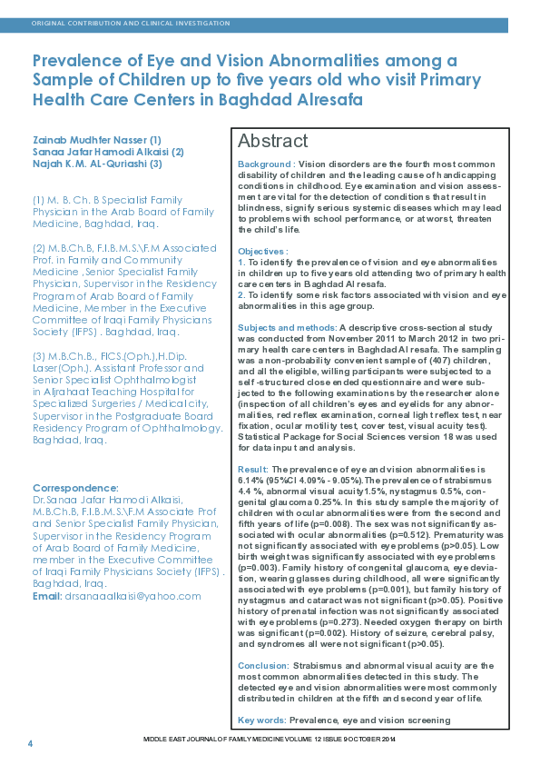 (PDF) Prevalence of Eye and Vision Abnormalities among a Sample of ...