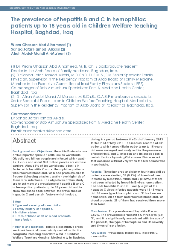 (PDF) The Prevalence of Hepatitis B and C in Hemophiliac Patients up to ...