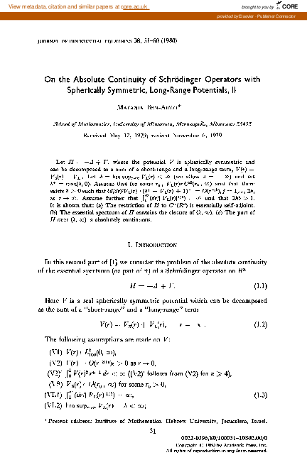 (PDF) On the absolute continuity of Schrödinger operators with spherically symmetric, long-range ...