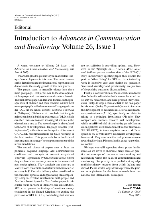 (PDF) Introduction to Advances in Communication and Swallowing Volume 26, Issue 1