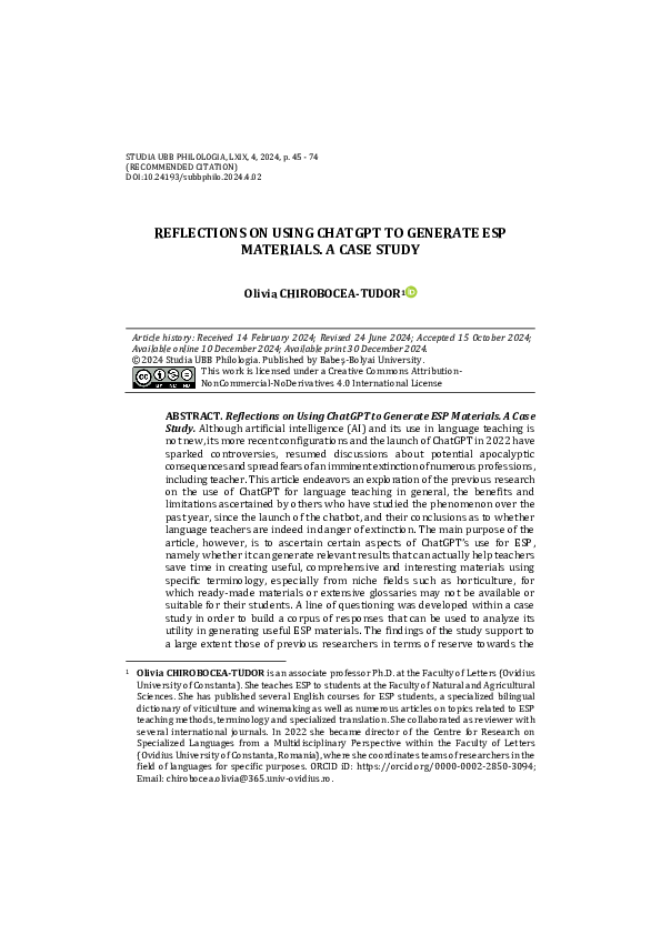 (PDF) REFLECTIONS ON USING CHATGPT TO GENERATE ESP MATERIALS. A CASE STUDY