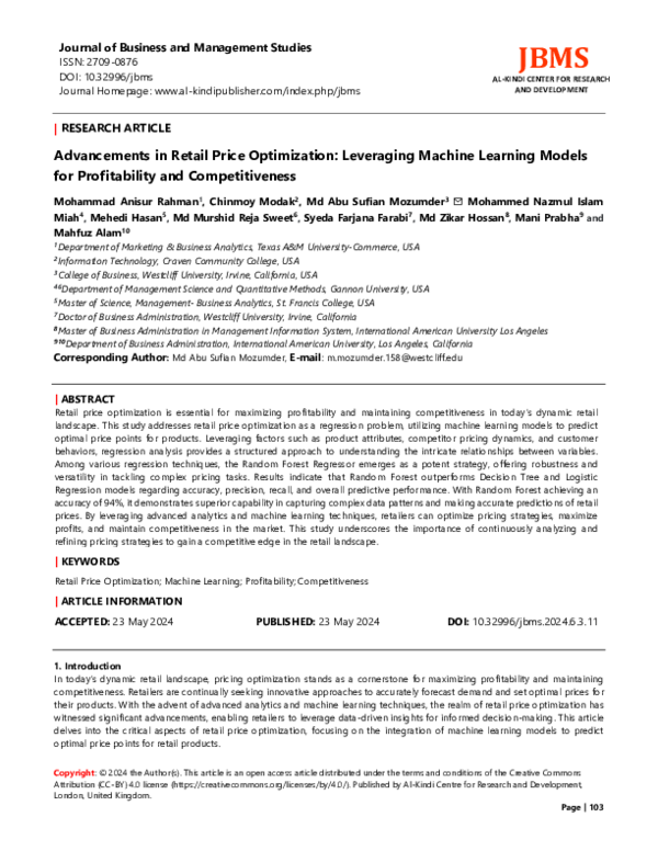 (PDF) Advancements in Retail Price Optimization: Leveraging Machine Learning Models for ...
