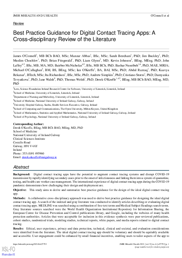 (PDF) Best Practice Guidance for Digital Contact Tracing Apps: A Cross-disciplinary Review of ...