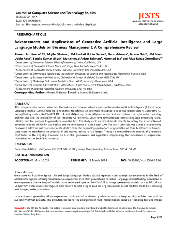 (PDF) Advancements and Applications of Generative Artificial Intelligence and Large Language ...