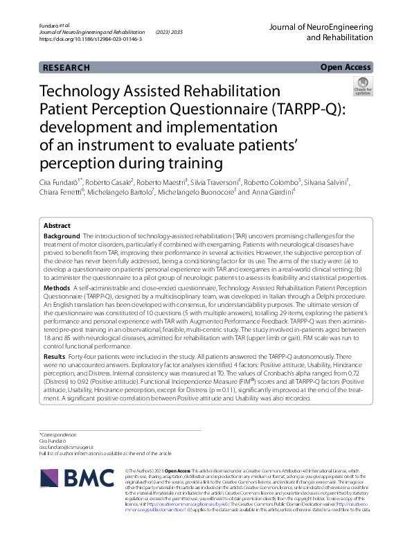 (PDF) Technology Assisted Rehabilitation Patient Perception Questionnaire (TARPP-Q): development ...